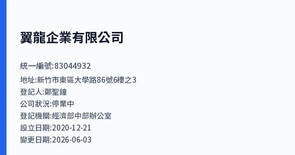 翼龍企業有限公司的照片-統編 83044932(新竹市) 公司登記資料與營業項目詳細圖表