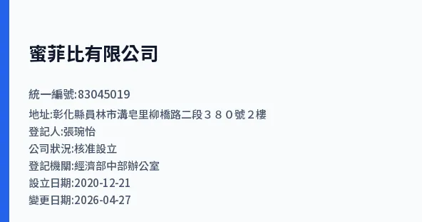 蜜菲比有限公司的照片-統編 83045019(彰化縣) 公司登記資料與營業項目詳細圖表