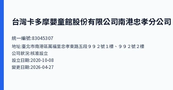 台灣卡多摩嬰童館股份有限公司南港忠孝分公司的照片-統編 83045307(臺北市) 公司登記資料與營業項目詳細圖表
