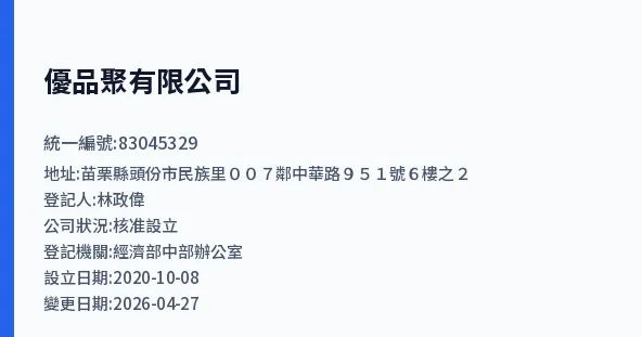 優品聚有限公司的照片-統編 83045329(苗栗縣) 公司登記資料與營業項目詳細圖表