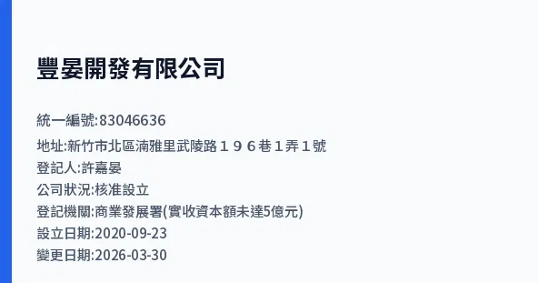 豐晏開發有限公司的照片-統編 83046636(新竹市) 公司登記資料與營業項目詳細圖表