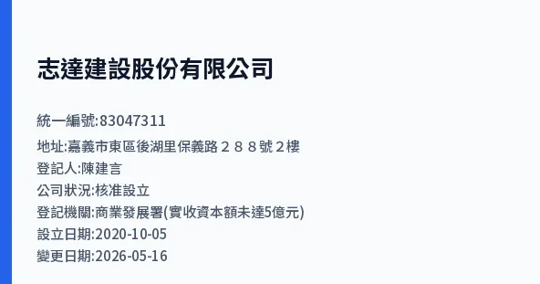 志達建設股份有限公司的照片-統編 83047311(嘉義市) 公司登記資料與營業項目詳細圖表