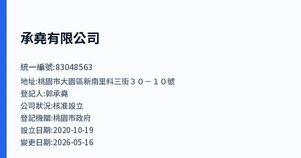 承堯有限公司的照片-統編 83048563(桃園市) 公司登記資料與營業項目詳細圖表