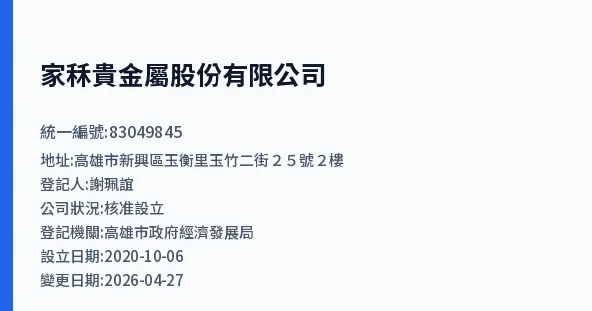 家秝貴金屬股份有限公司的照片-統編 83049845(高雄市) 公司登記資料與營業項目詳細圖表
