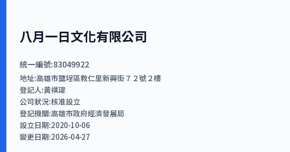 八月一日文化有限公司的照片-統編 83049922(高雄市) 公司登記資料與營業項目詳細圖表