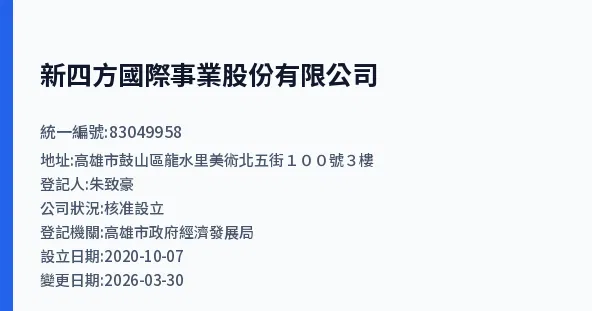 新四方國際事業股份有限公司的照片-統編 83049958(高雄市) 公司登記資料與營業項目詳細圖表