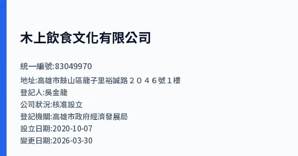 木上飲食文化有限公司的照片-統編 83049970(高雄市) 公司登記資料與營業項目詳細圖表