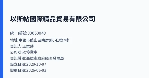 以斯帖國際精品貿易有限公司的照片-統編 83050048(高雄市) 公司登記資料與營業項目詳細圖表