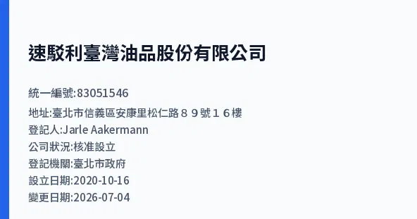 速駁利臺灣油品股份有限公司的照片-統編 83051546(臺北市) 公司登記資料與營業項目詳細圖表