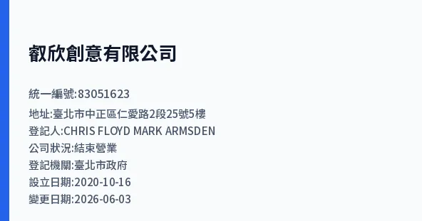 叡欣創意有限公司的照片-統編 83051623(臺北市) 公司登記資料與營業項目詳細圖表