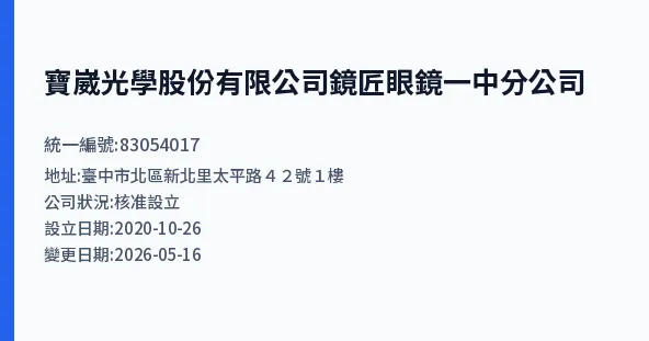 寶崴光學股份有限公司鏡匠眼鏡一中分公司的照片-統編 83054017(臺中市) 公司登記資料與營業項目詳細圖表