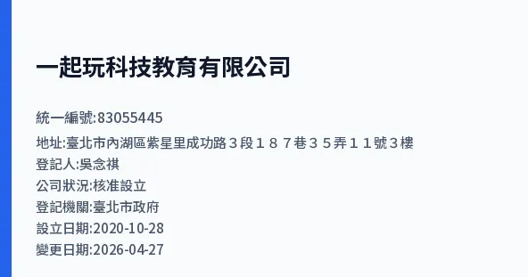 一起玩科技教育有限公司的照片-統編 83055445(臺北市) 公司登記資料與營業項目詳細圖表