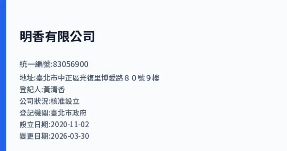 明香有限公司的照片-統編 83056900(臺北市) 公司登記資料與營業項目詳細圖表