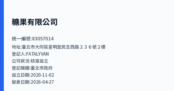 糖果有限公司的照片-統編 83057014(臺北市) 公司登記資料與營業項目詳細圖表