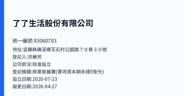 了了生活股份有限公司的照片-統編 83060783(宜蘭縣) 公司登記資料與營業項目詳細圖表