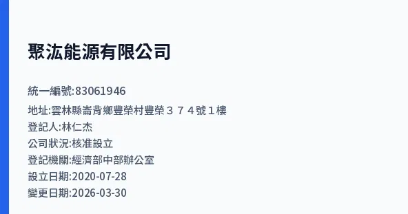 聚汯能源有限公司的照片-統編 83061946(雲林縣) 公司登記資料與營業項目詳細圖表