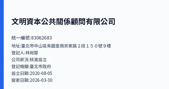 文明資本公共關係顧問有限公司的照片-統編 83062683(臺北市) 公司登記資料與營業項目詳細圖表