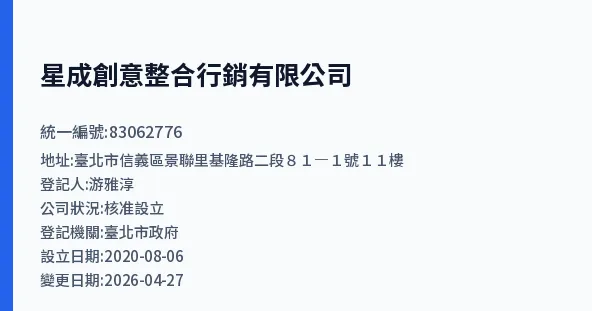 星成創意整合行銷有限公司的照片-統編 83062776(臺北市) 公司登記資料與營業項目詳細圖表