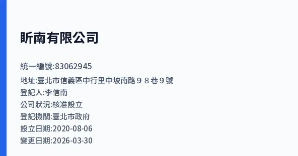 盺南有限公司的照片-統編 83062945(臺北市) 公司登記資料與營業項目詳細圖表