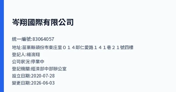 岑翔國際有限公司的照片-統編 83064057(苗栗縣) 公司登記資料與營業項目詳細圖表