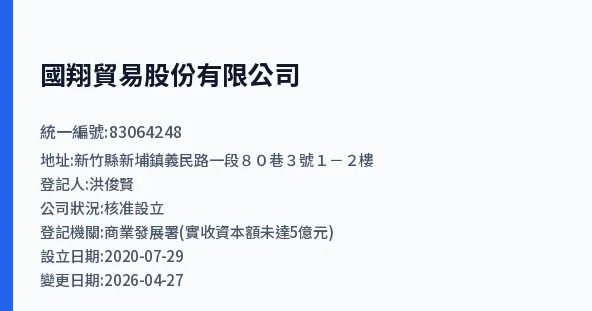 國翔貿易股份有限公司的照片-統編 83064248(新竹縣) 公司登記資料與營業項目詳細圖表