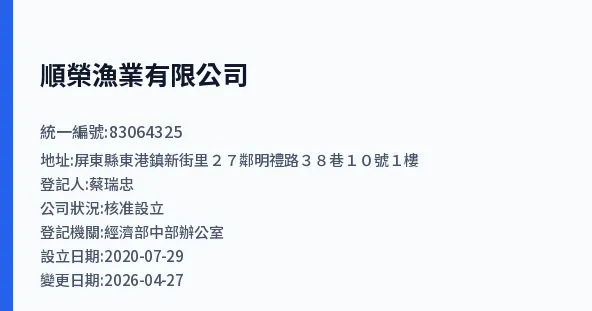 順榮漁業有限公司的照片-統編 83064325(屏東縣) 公司登記資料與營業項目詳細圖表