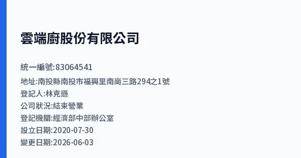 雲端廚股份有限公司的照片-統編 83064541(南投縣) 公司登記資料與營業項目詳細圖表