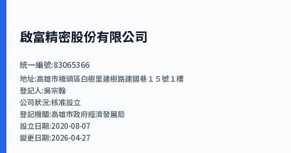 啟富精密股份有限公司的照片-統編 83065366(高雄市) 公司登記資料與營業項目詳細圖表