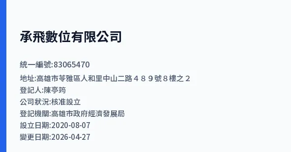 承飛數位有限公司的照片-統編 83065470(高雄市) 公司登記資料與營業項目詳細圖表