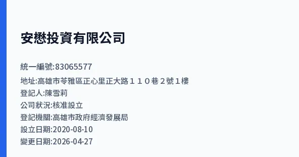 安懋投資有限公司的照片-統編 83065577(高雄市) 公司登記資料與營業項目詳細圖表