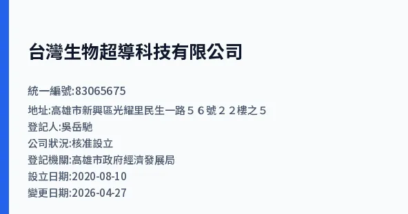 台灣生物超導科技有限公司的照片-統編 83065675(高雄市) 公司登記資料與營業項目詳細圖表
