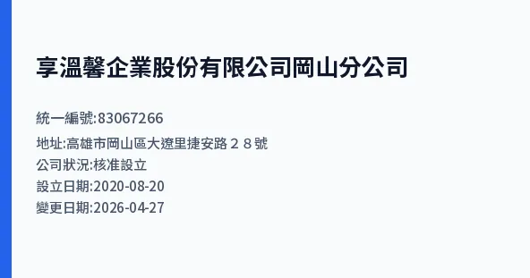 享溫馨企業股份有限公司岡山分公司的照片-統編 83067266(高雄市) 公司登記資料與營業項目詳細圖表