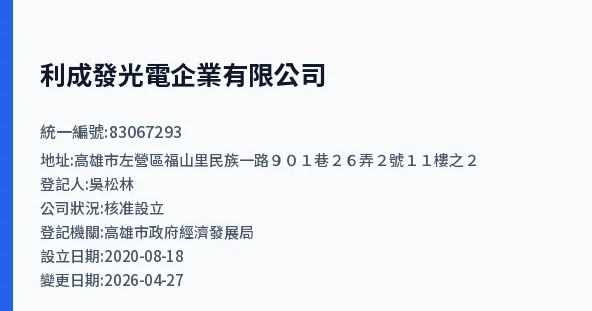 利成發光電企業有限公司的照片-統編 83067293(高雄市) 公司登記資料與營業項目詳細圖表