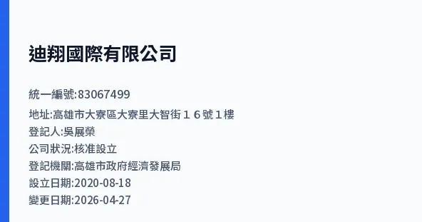 迪翔國際有限公司的照片-統編 83067499(高雄市) 公司登記資料與營業項目詳細圖表