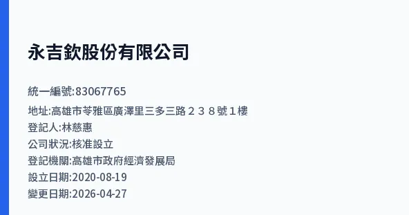 永吉欽股份有限公司的照片-統編 83067765(高雄市) 公司登記資料與營業項目詳細圖表