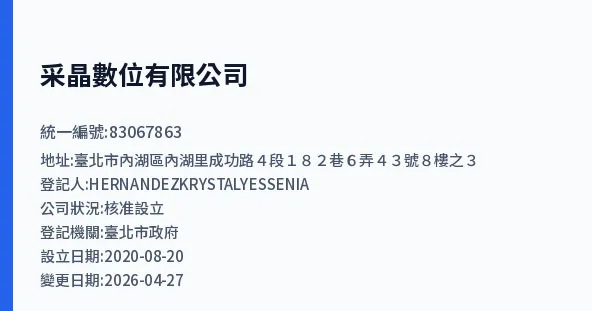 采晶數位有限公司的照片-統編 83067863(臺北市) 公司登記資料與營業項目詳細圖表