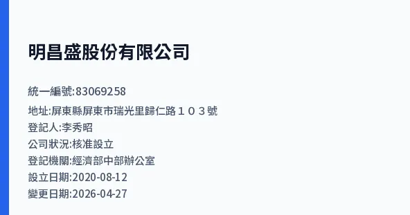 明昌盛股份有限公司的照片-統編 83069258(屏東縣) 公司登記資料與營業項目詳細圖表