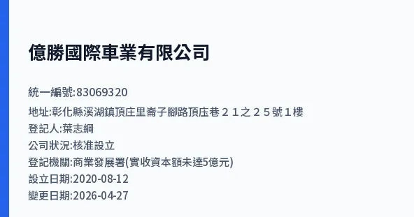 億勝國際車業有限公司的照片-統編 83069320(彰化縣) 公司登記資料與營業項目詳細圖表