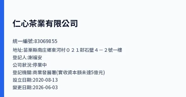 仁心茶業有限公司的照片-統編 83069855(苗栗縣) 公司登記資料與營業項目詳細圖表
