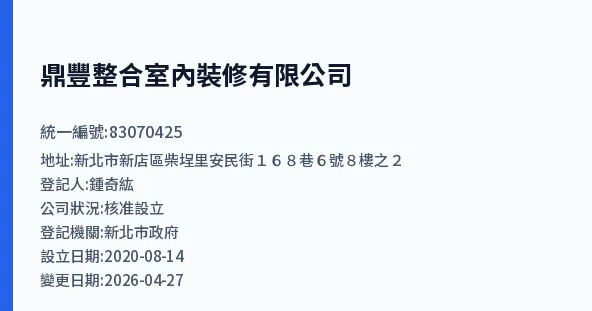 鼎豐整合室內裝修有限公司的照片-統編 83070425(新北市) 公司登記資料與營業項目詳細圖表