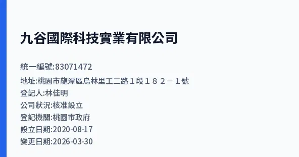 九谷國際科技實業有限公司的照片-統編 83071472(桃園市) 公司登記資料與營業項目詳細圖表