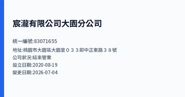 宸瀧有限公司大園分公司的照片-統編 83071655(桃園市) 公司登記資料與營業項目詳細圖表