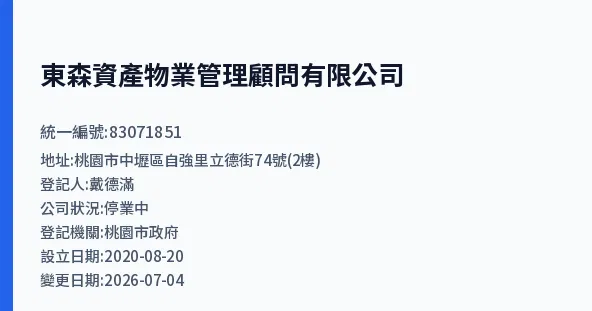 東森資產物業管理顧問有限公司的照片-統編 83071851(桃園市) 公司登記資料與營業項目詳細圖表