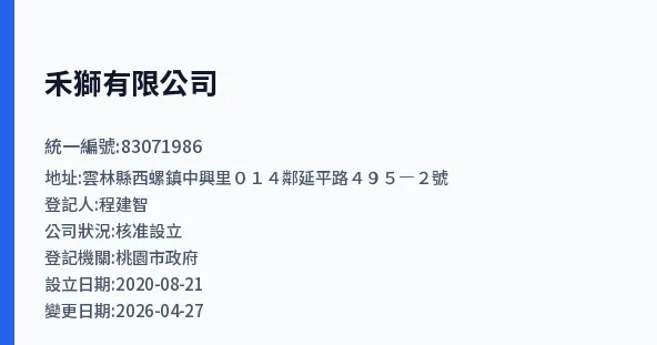 禾獅有限公司的照片-統編 83071986(雲林縣) 公司登記資料與營業項目詳細圖表