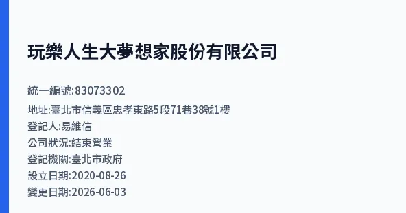 玩樂人生大夢想家股份有限公司的照片-統編 83073302(臺北市) 公司登記資料與營業項目詳細圖表