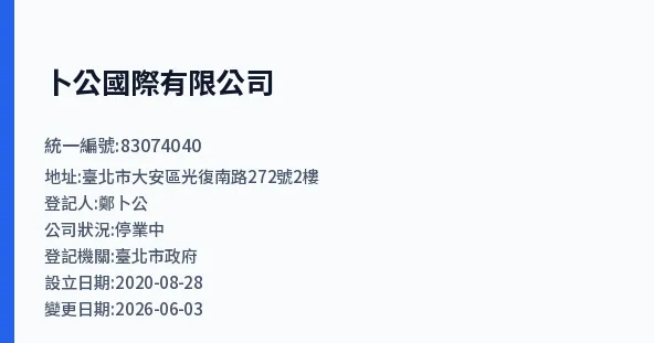 卜公國際有限公司的照片-統編 83074040(臺北市) 公司登記資料與營業項目詳細圖表