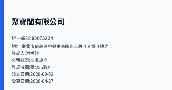 聚寶閣有限公司的照片-統編 83075224(臺北市) 公司登記資料與營業項目詳細圖表