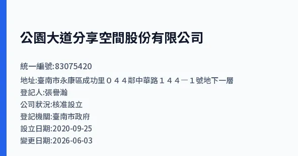公園大道分享空間股份有限公司的照片-統編 83075420(臺南市) 公司登記資料與營業項目詳細圖表