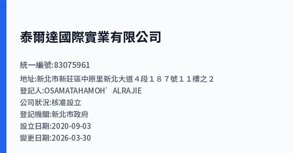 泰爾達國際實業有限公司的照片-統編 83075961(新北市) 公司登記資料與營業項目詳細圖表