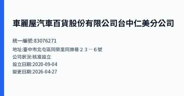 車麗屋汽車百貨股份有限公司台中仁美分公司的照片-統編 83076271(臺中市) 公司登記資料與營業項目詳細圖表